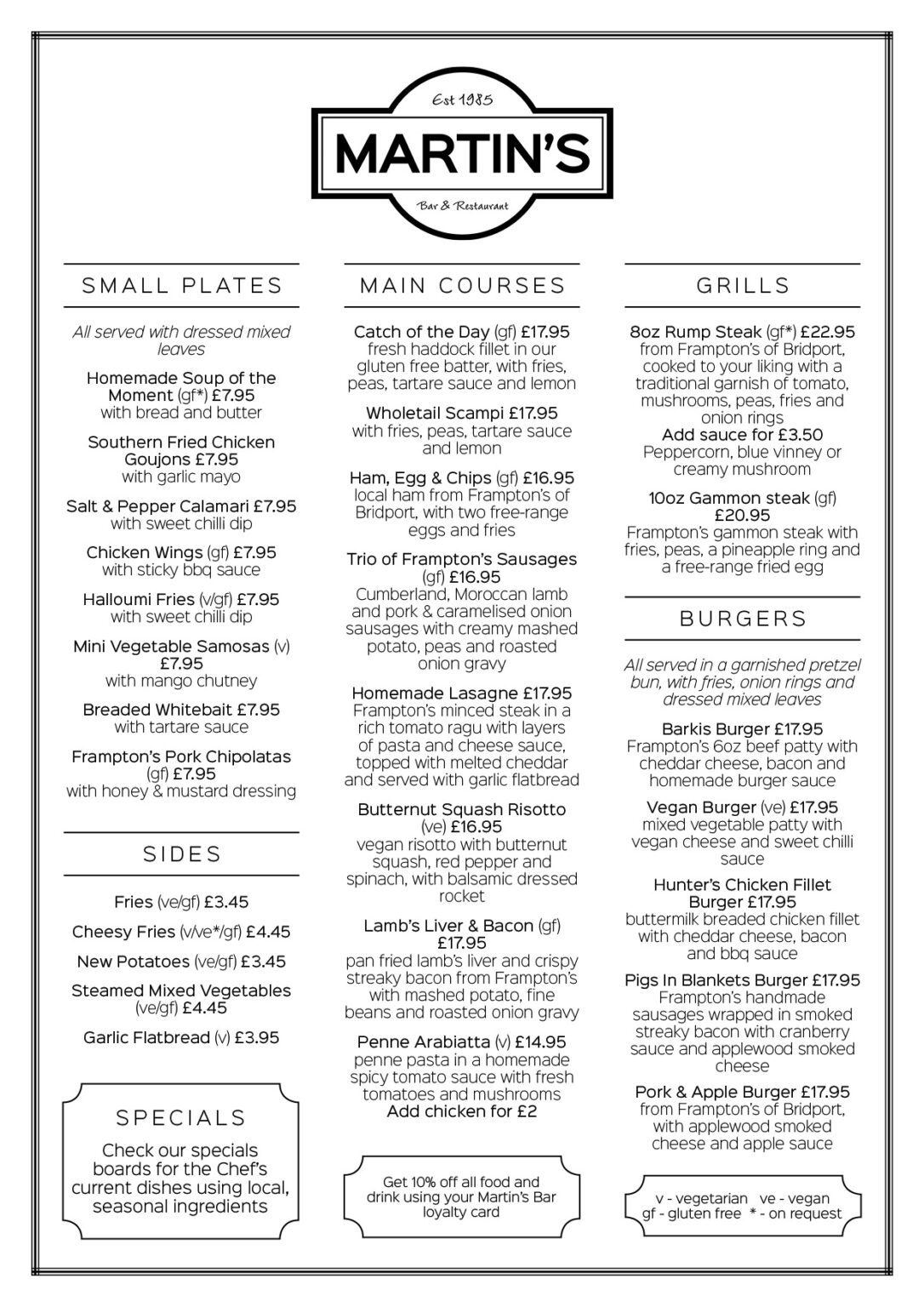 Main Menu - Martin's Bar and Restaurant